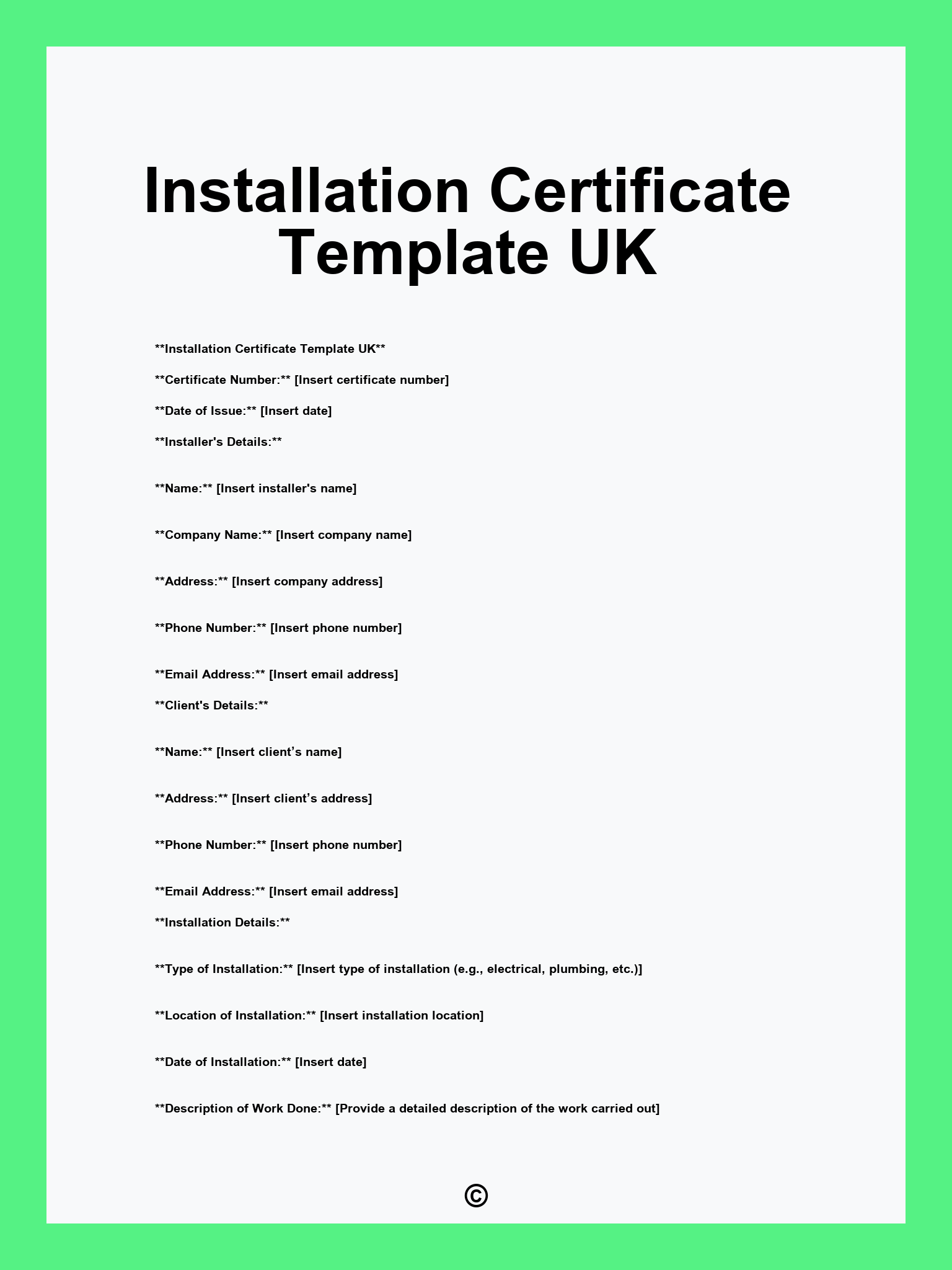 Installation Certificate Template UK