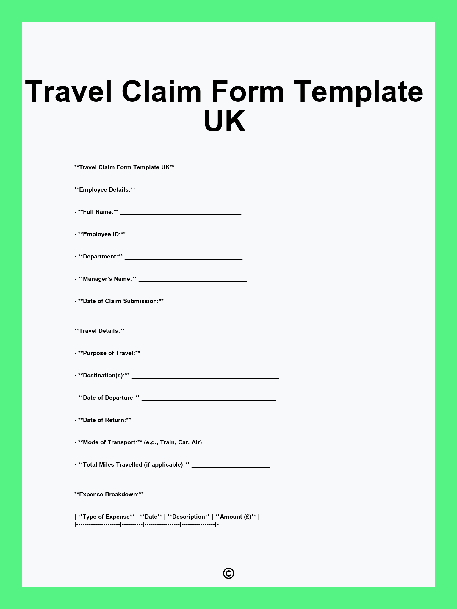 Travel Claim Form Template UK